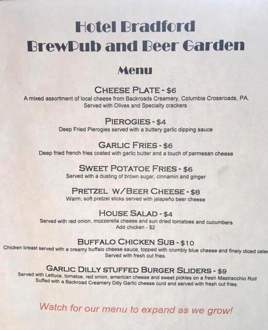 Menu at Hotel Bradford Brew House and Beer Garden pub & bar, Sayre