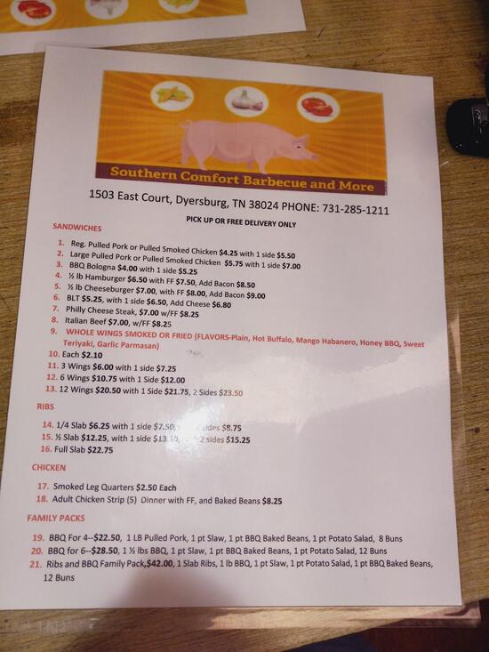 Menu at Southern Comfort BBQ and More, Dyersburg