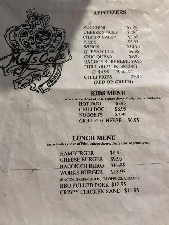 Menu at MJs Cafe, Crown King