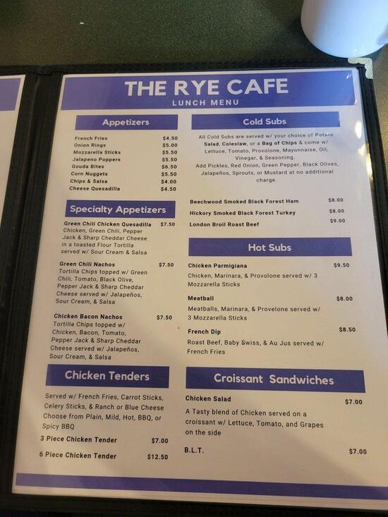 Menu at Rye Cafe, Rye
