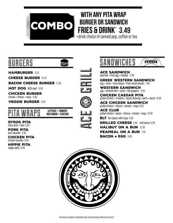 Menu at Ace Grill restaurant, Elmvale