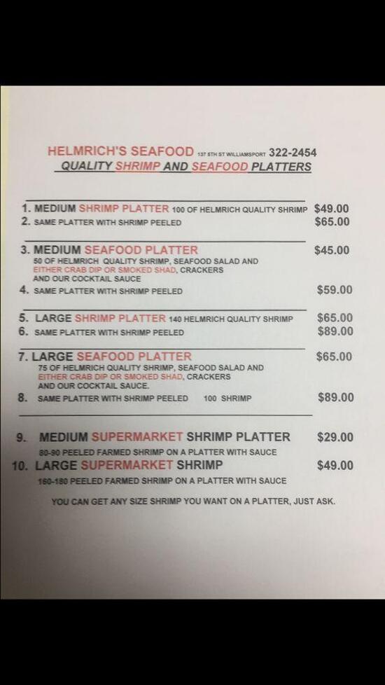 Menu at Helmrich's Seafood, Williamsport
