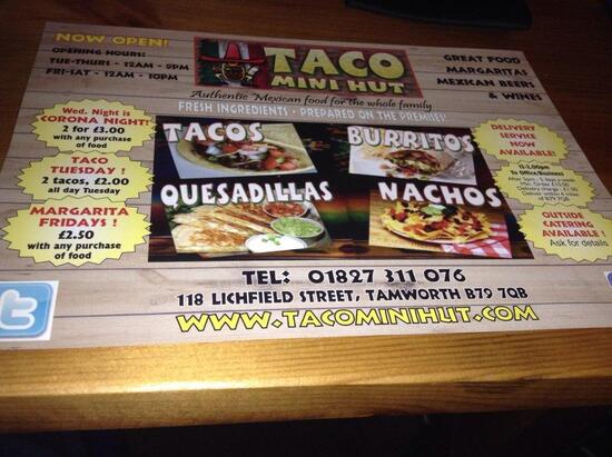 Menu at Taco Mini Hut restaurant, Tamworth