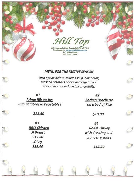 Menu at Hill Top Motel restaurant, Grand Falls