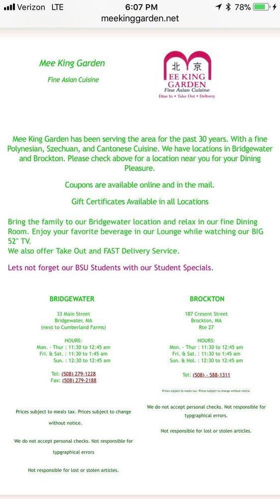 Menu at Mee King Garden restaurant, Brockton