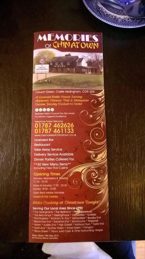 Menu at memories pub & bar, Castle Hedingham, 1 Crouch Green
