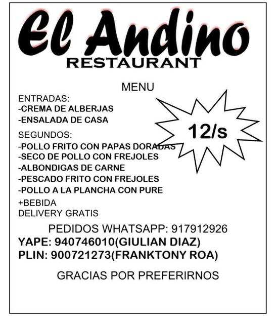Menu at El Andino Restaurante, Pueblo Libre