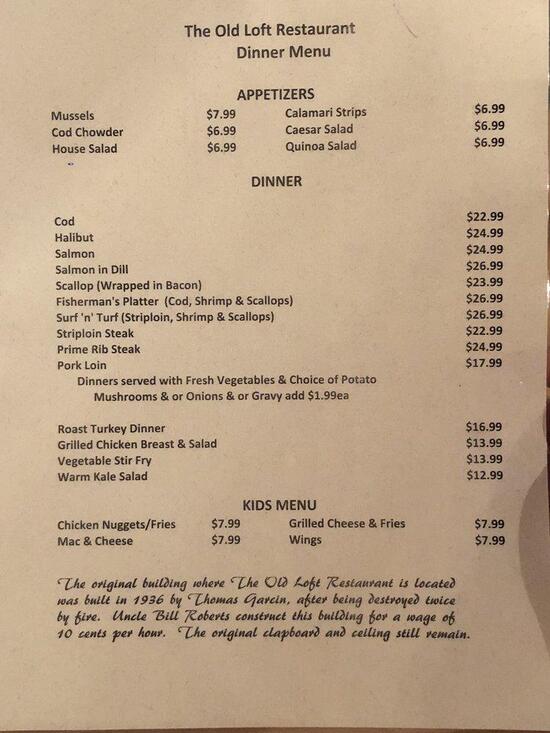 Menu at The Old Loft Restaurant, Bonne Bay, 8 Water St