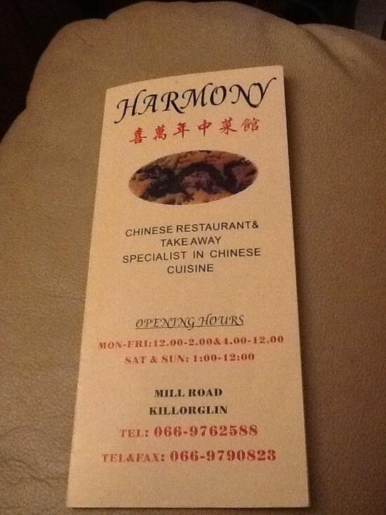 Menu at Harmony Chinese Restaurant, Ireland