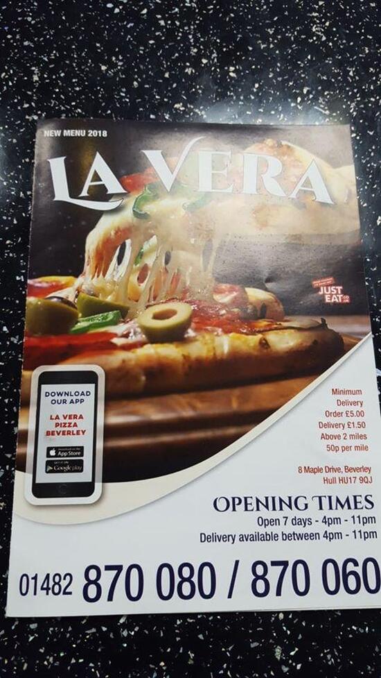 Menu at La Vera Pizza restaurant, Beverley