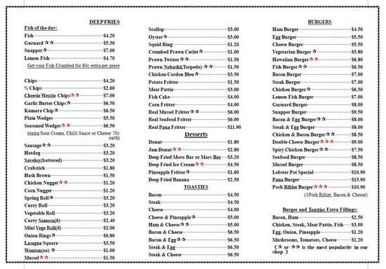 Menu at Lobster Pot Takeaways restaurant, New Plymouth