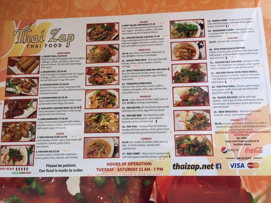 Menu at Thai Zap restaurant, Pocatello, 465 Yellowstone Ave