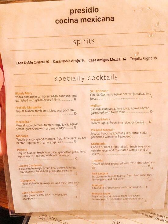 Menu at Presidio Cocina Mexicana restaurant, Phoenix