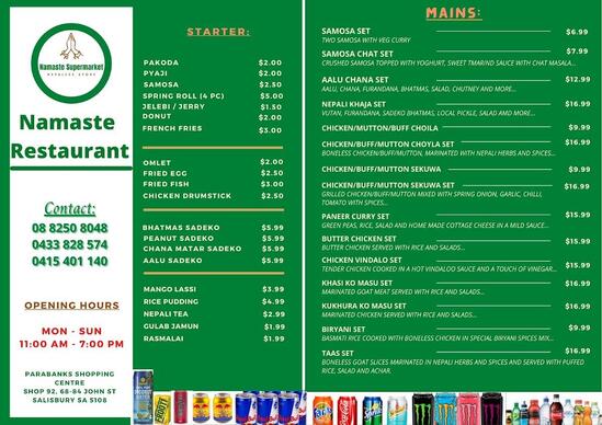 Menu at NAMASTE RESTAURANT, Salisbury