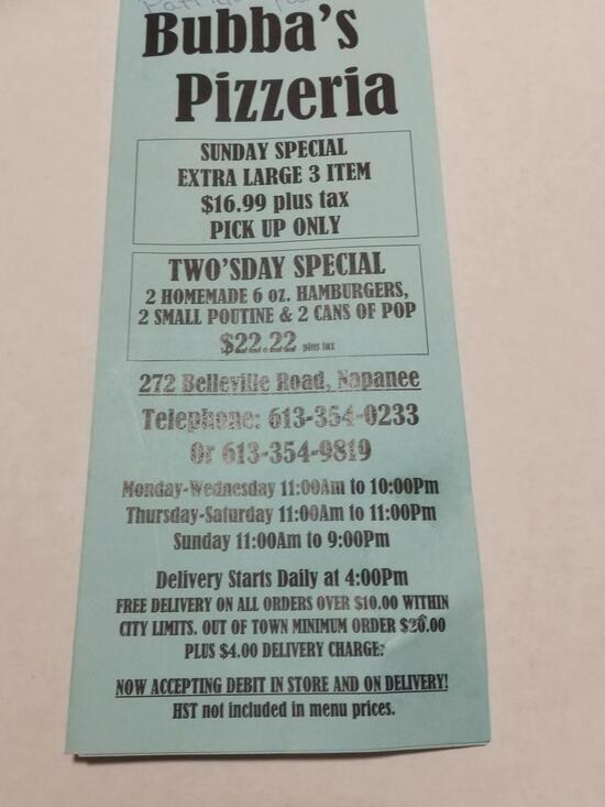 Menu at Bubba's Pizzeria & Restaurant, Napanee