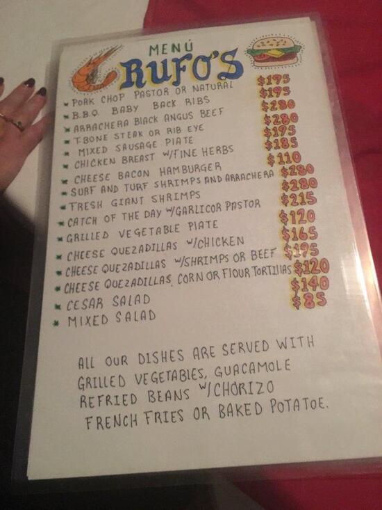 Menu at Rufos Grill restaurant, Zihuatanejo