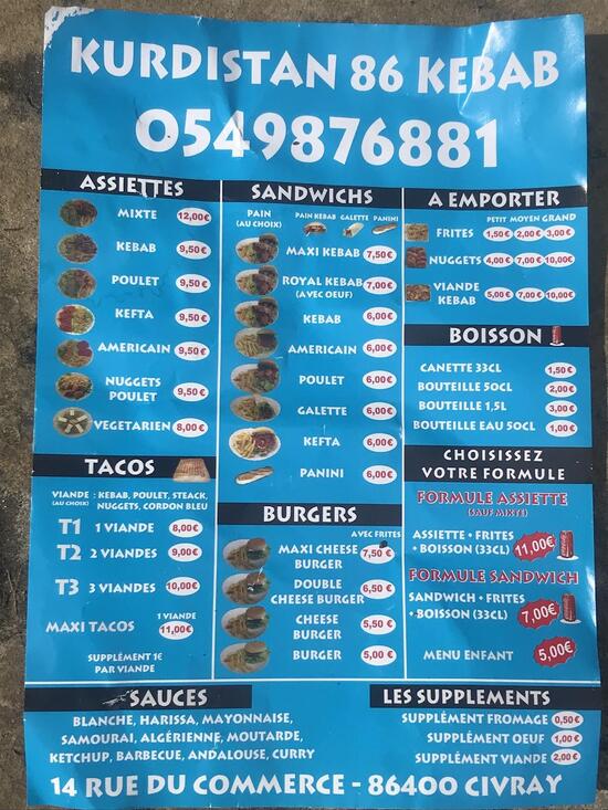 Menu au Civray Kebab restaurant, Civray