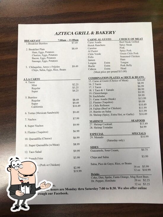 Menu at Azteca Grill & Bakery, Fallon