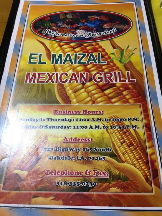 Menu at El Maizal Mexican Grill restaurant, Oakdale
