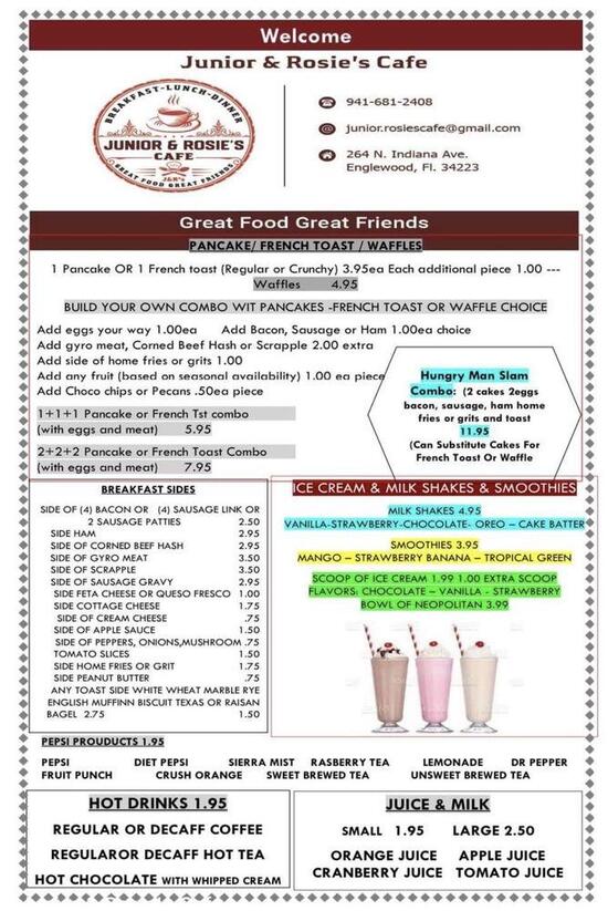 Menu at Junior and Rosie's Cafe and Grill, Englewood