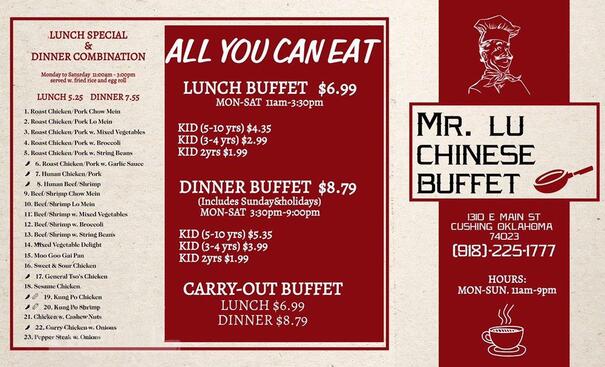 Menu at Mr Lu Chinese Buffet restaurant, Cushing