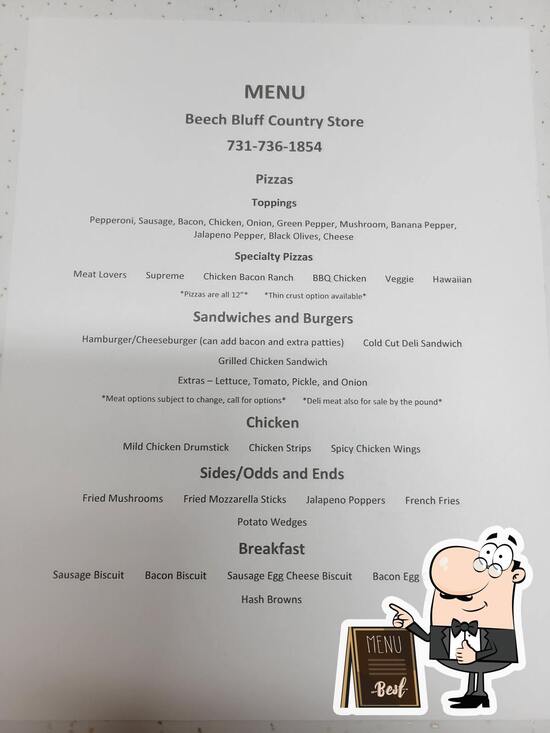 Menu at Beech Bluff Country Store, Beech Bluff