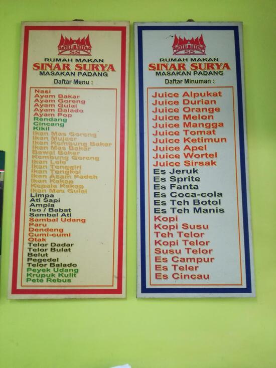 Menu at RM Sinar Surya restaurant, Central Jakarta