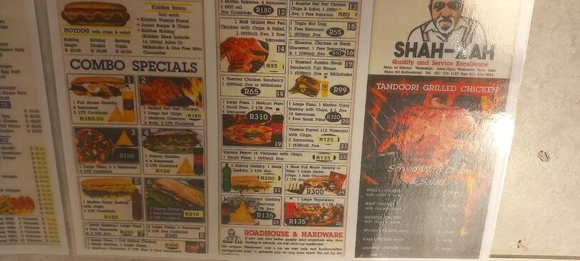 Menu at Shah-Zah restaurant, Cape Town