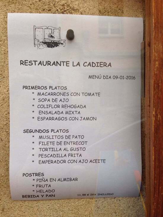 Carta de Restaurante La Cadiera, Jaca