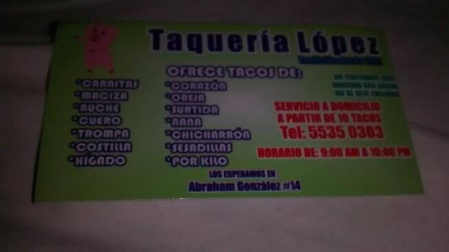 Menu at Taqueria Lopez restaurant, Mexico City, Calle Gral. Prim 77