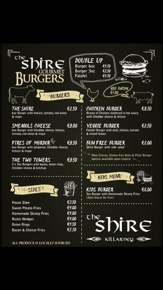 Menu at The Shire pub & bar, Ireland