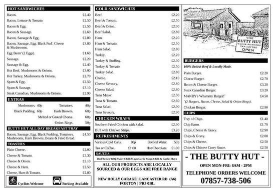 Menu at The Butty Hut cafe, Forton, New Holly Garage