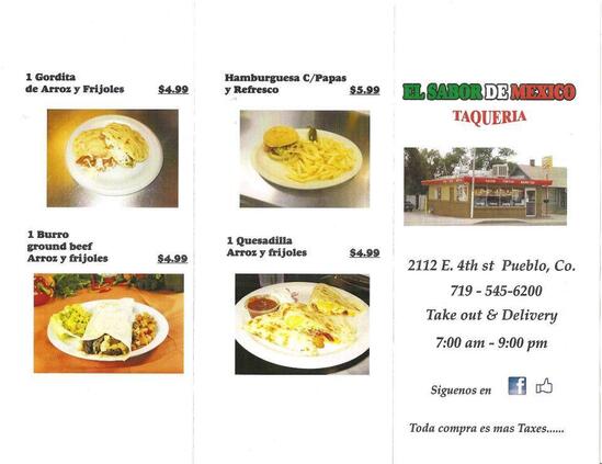 Menu at El Sabor de Mexico Taqueria restaurant, Pueblo