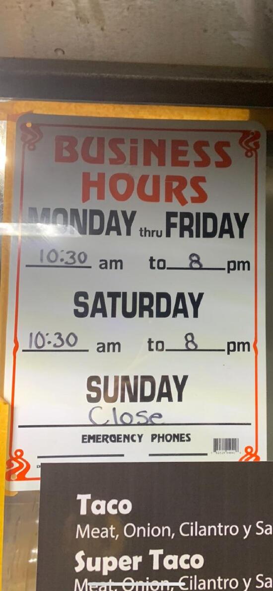 Menu at Tacos el chore restaurant, San Jose