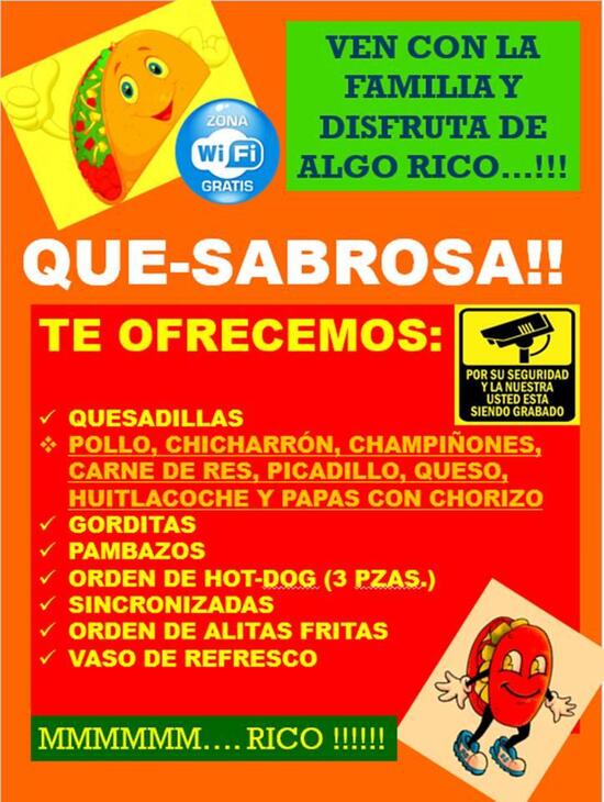 Menu at Que-sabrosa restaurant, Ecatepec de Morelos