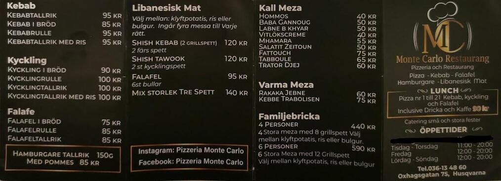 Menu at Pizzeria Monte Carlo Restaurang, Jönköping