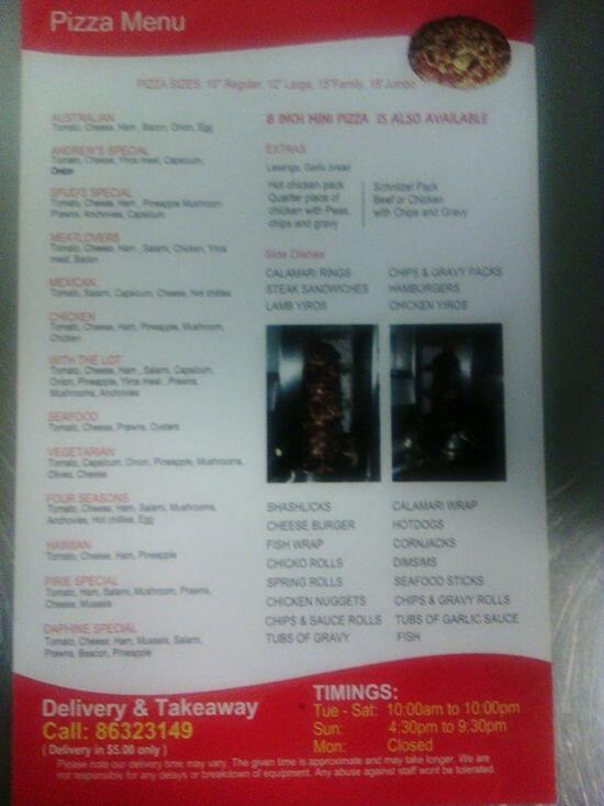 Menu at Andrew's Chicken BBQ Inn, Port Pirie