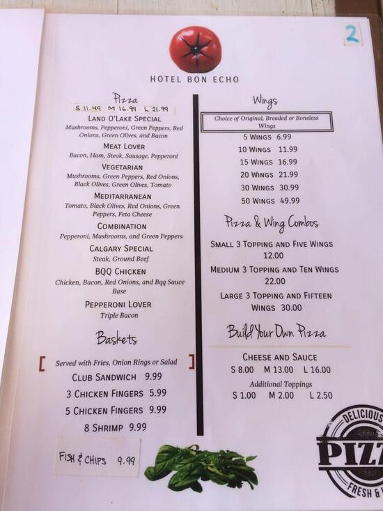 Menu at Bon Echo Hotel, Cloyne