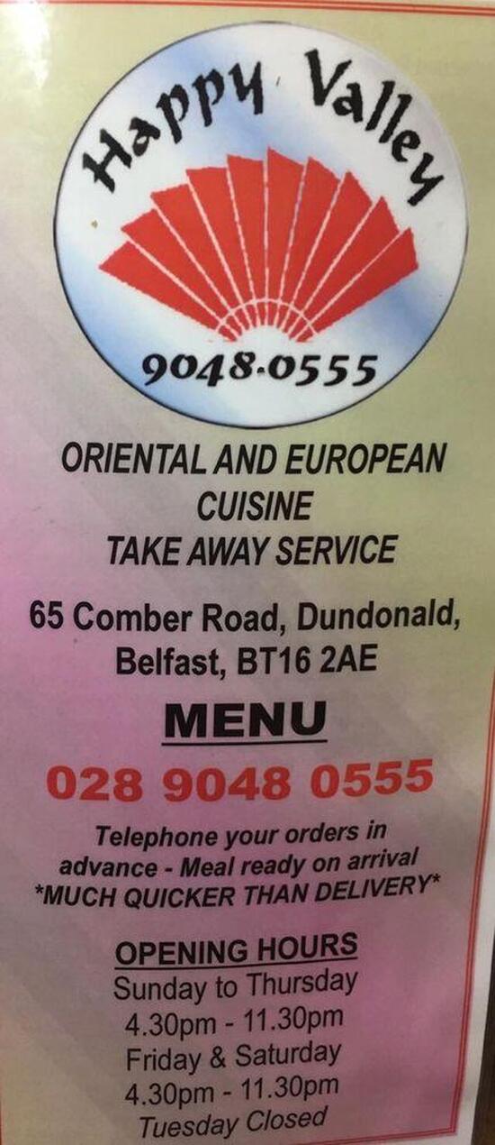 Menu at Happy Valley Chinese restaurant, Dundonald, 65 Comber Rd