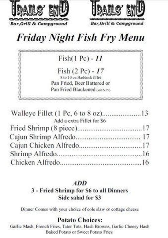 Menu at Trails End pub & bar, USA, W15525 US-10