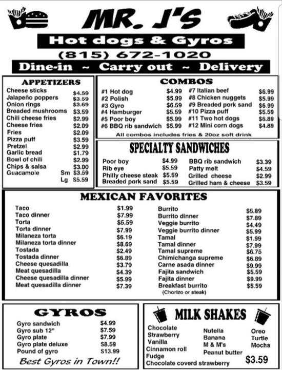 Menu at Mr J's Hot Dogs & Gyros restaurant, Streator