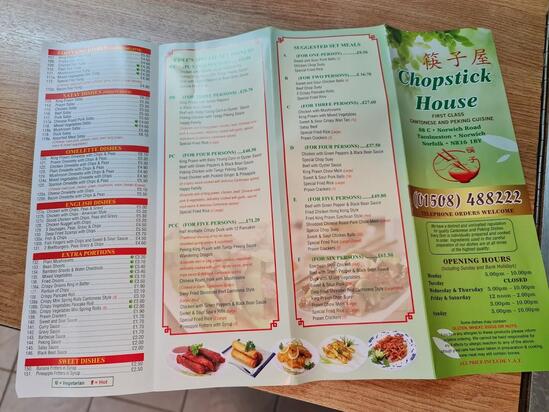 Menu at Chopsticks House Chinese restaurant, Wymondham