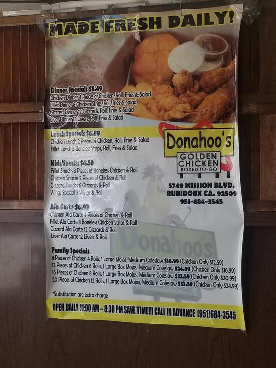 Donahoo's Golden Chicken, Riverside - Restaurant menu, prices and reviews