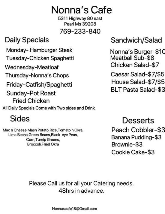 Menu at Nonna’s Cafe, Pearl