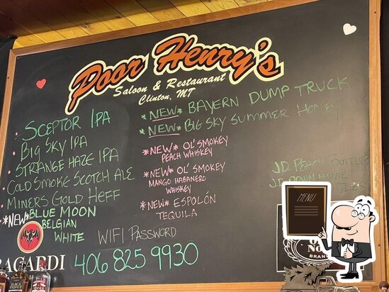 Menu at Poor Henry's Bar, Clinton