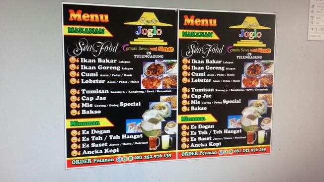 Menu at Waroeng Joglo restaurant, Tulungagung, PWXM+7P5