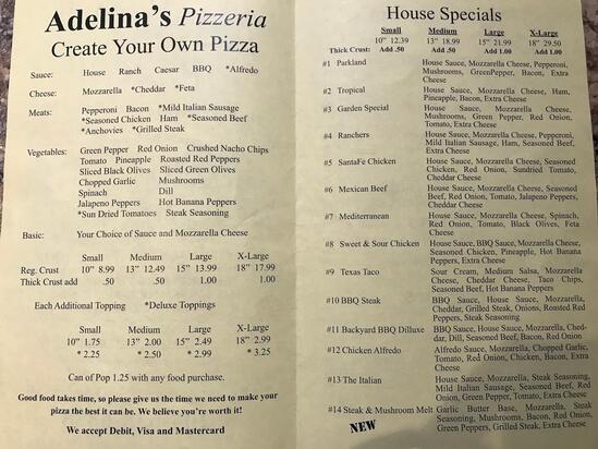 Menu at Adelina's Pizzeria, Dauphin