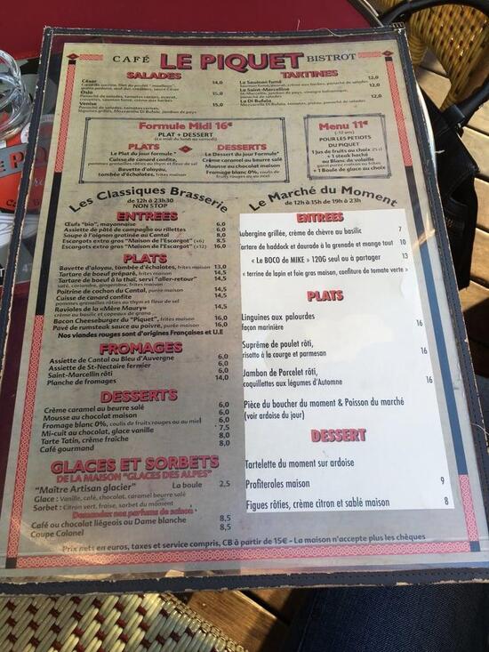 Menu at Café Le Piquet, Paris