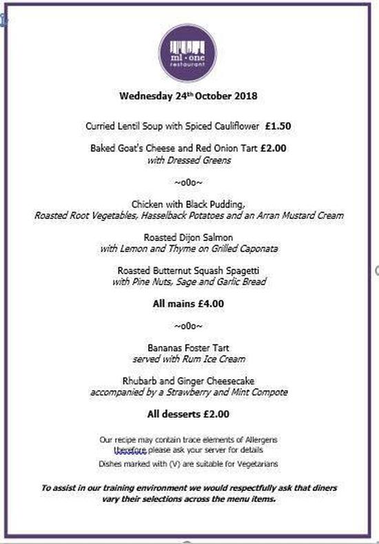 Menu at ML One restaurant, Motherwell