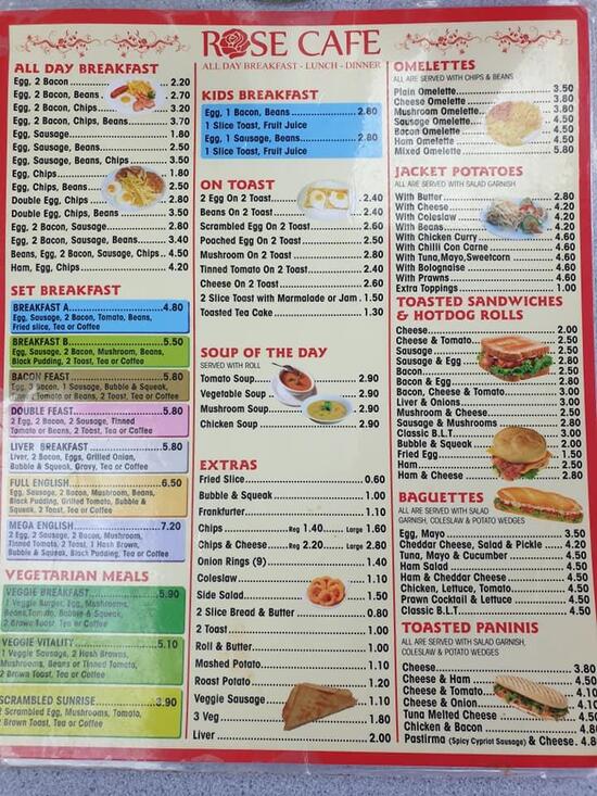 Menu at Rose Cafe, Basildon